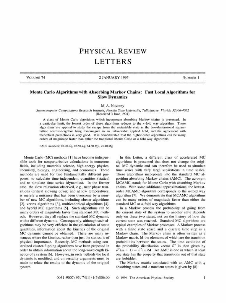 Monte Carlo Algorithms With Absorbing Markov Chains: Fast Local Algorithms For Slow Dynamics ...