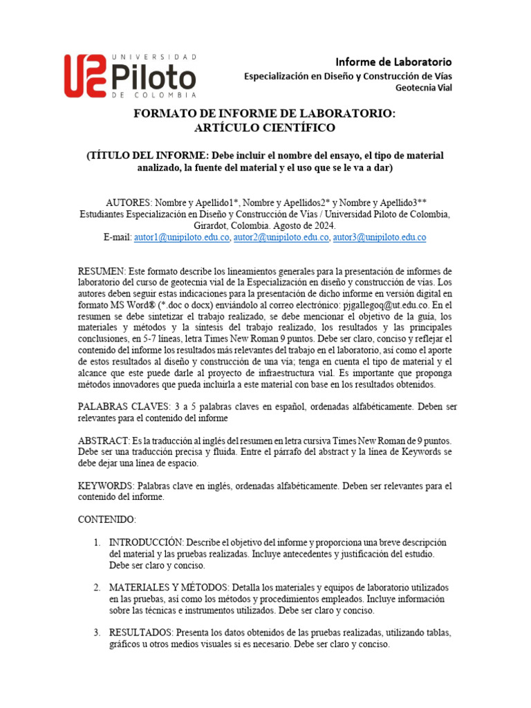FORMATO INFORME DE LABORATORIO TIPO ARTÍCULO CIENTÍFICO_Agosto 2024 | PDF | Sumario abstracto)