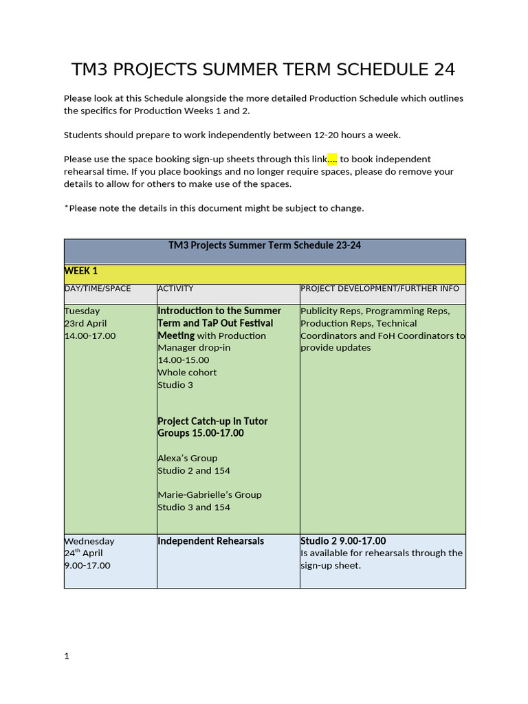 TM3 Projects Summer Term Schedule 24 Final Draft | PDF