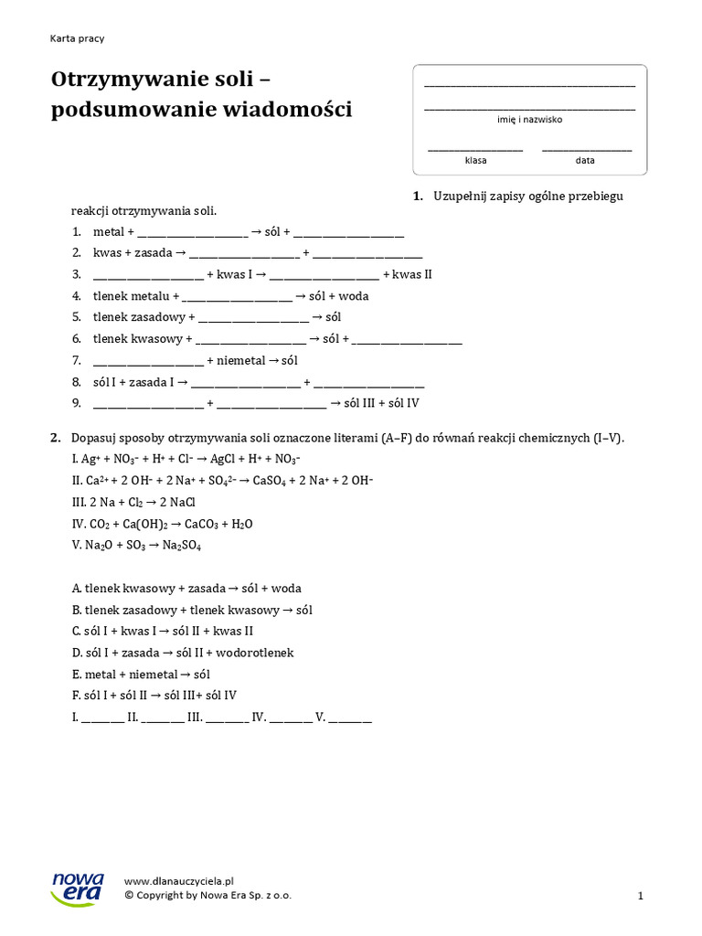 karta-pracy-otrzymywanie-soli-podsumowanie | PDF