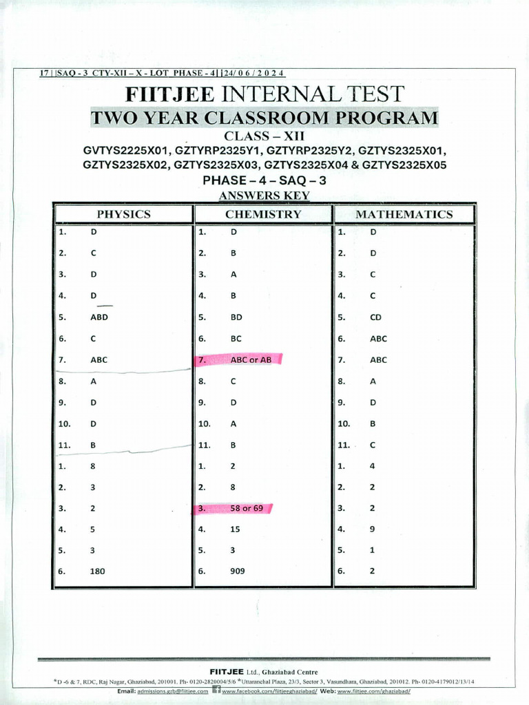 Answerkey SAQ-3 12th | PDF