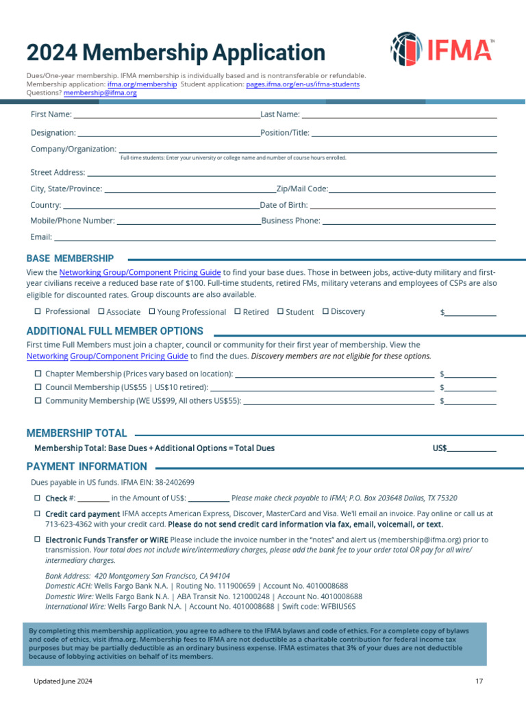 2024 IFMA Membership Application Form | PDF | Wire Transfer | Payments