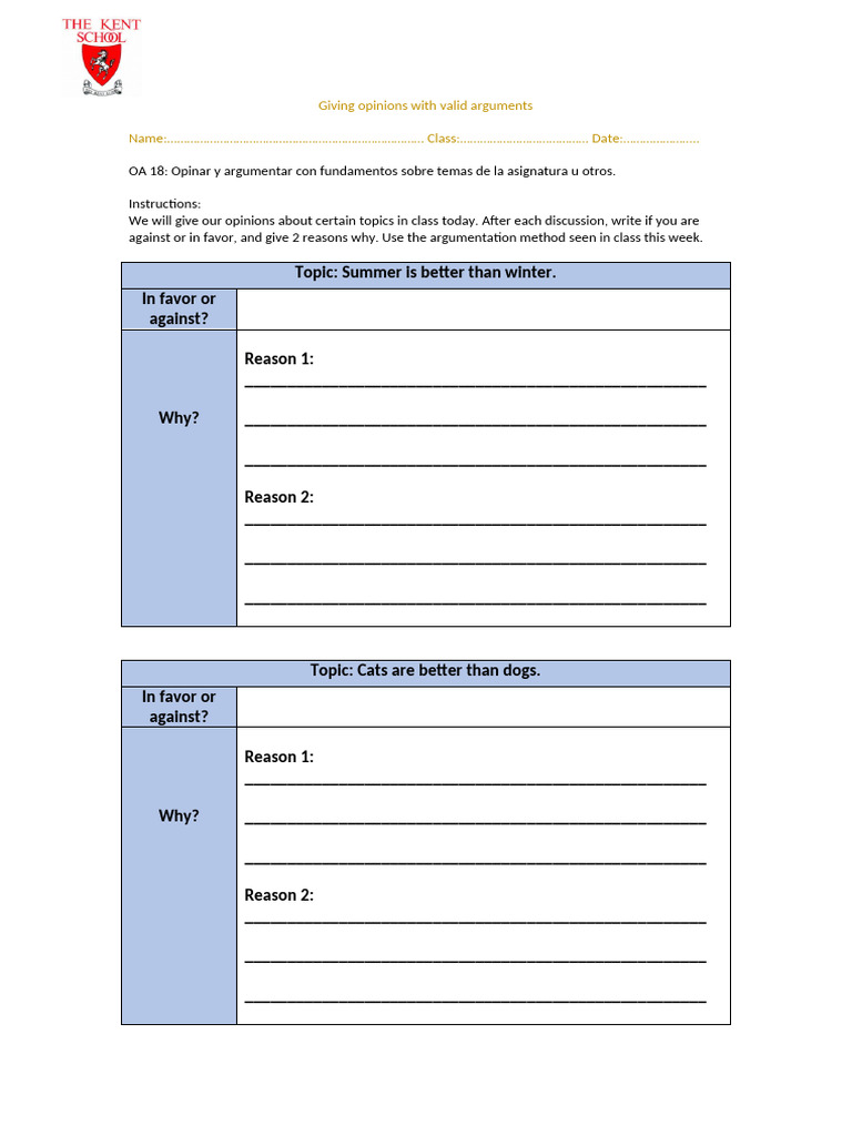 4th Grade - Giving Opinions With Arguments Worksheet | PDF | Logic