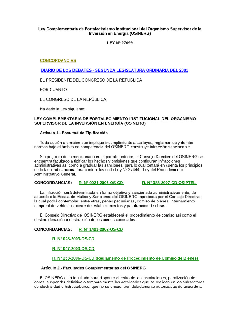 Ley Complementaria de Fortalecimiento OSINERGMIN | PDF | Multa (pena ...