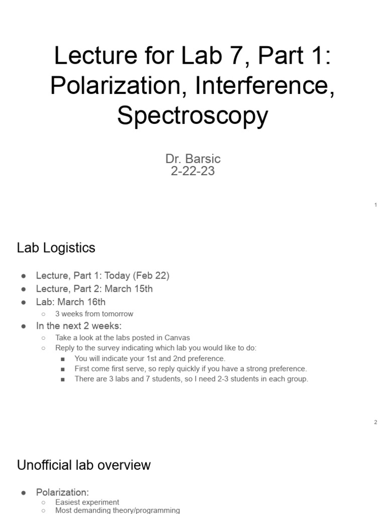 Lecture For Lab 7, Part 1 Polarization, Interference, Spectros | PDF ...