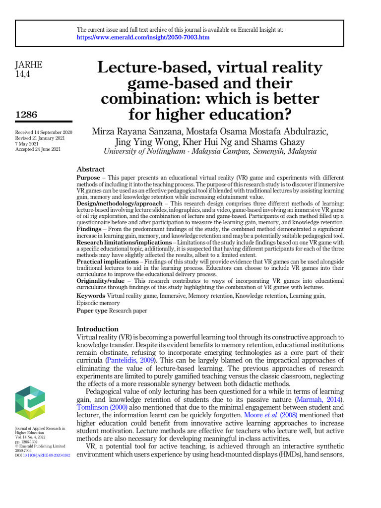 Lecture-Based Virtual Reality Game-Based and Their Combination Which Is Better For Higher ...