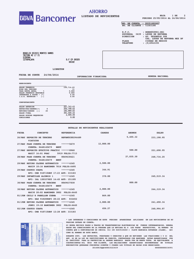 Bancomer Jun Nov 14 | PDF | Bancos | Cheque