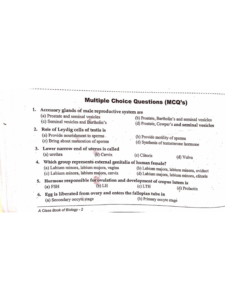 MCQ Human Reproduction | PDF