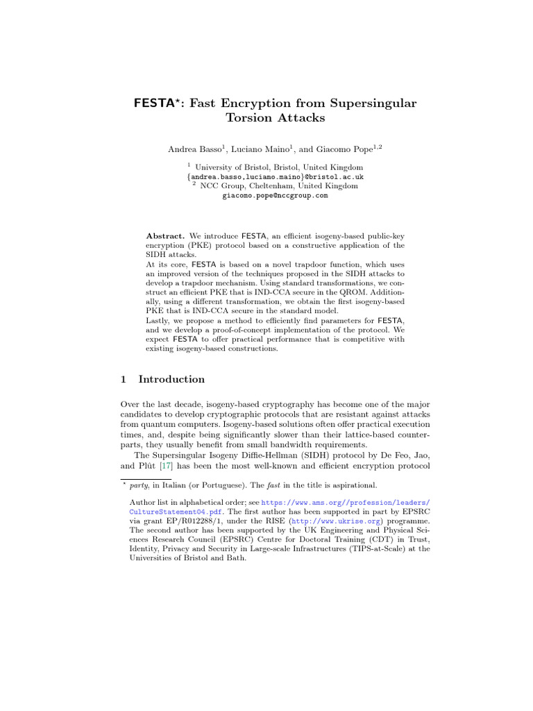FESTA : Fast Encryption From SupersingularTorsion Attacks | PDF ... FESTA : Fast Encryption From SupersingularTorsion Attacks | PDF ...