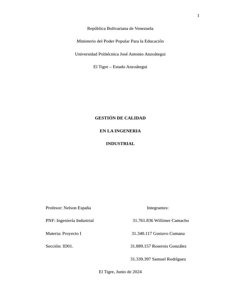 Gestion De Calidad De La Ingeneria Industrial Pdf Calidad