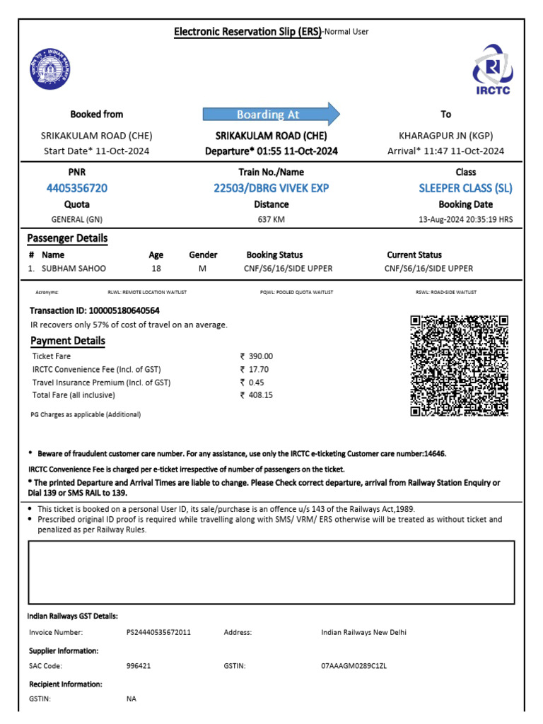 22503/Dbrg Vivek Exp Sleeper Class (SL) | PDF | Identity Document
