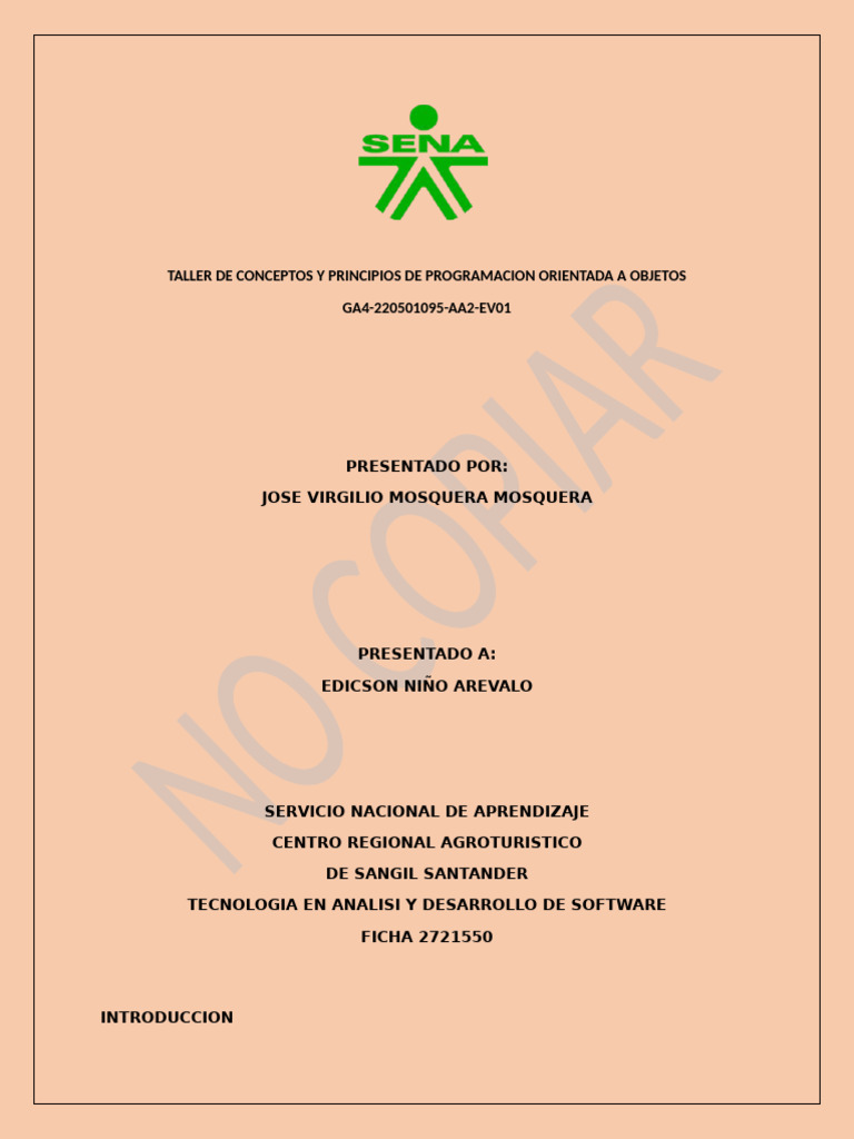 Taller De Conceptos Y Principios De Programacion Orientada A Objetos Pdf Objeto Informática