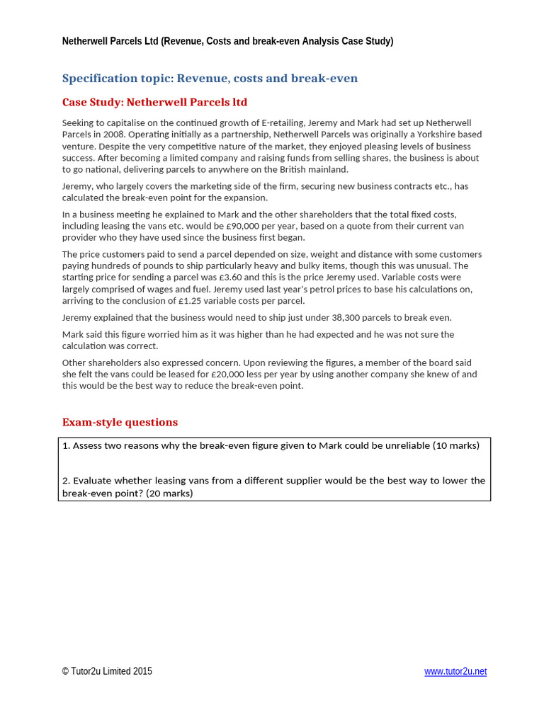 Netherwell Parcels Break-even Analysis | PDF | Business Economics ...