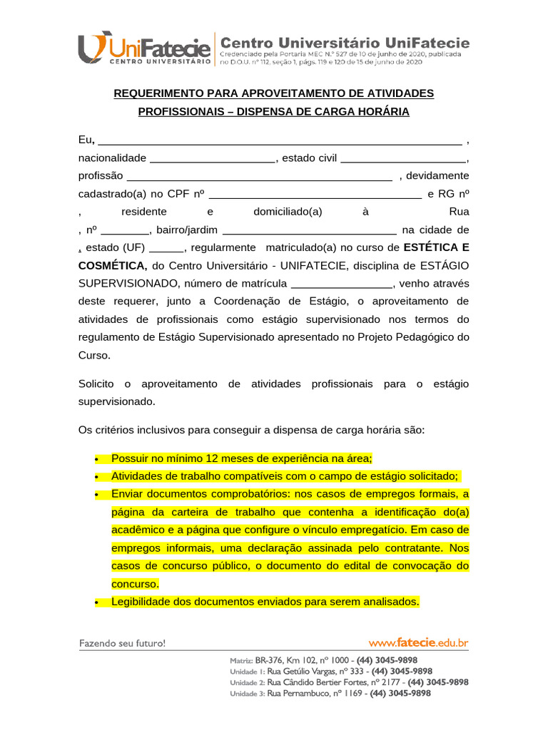 Modelo de Requerimento para Aproveitamento de Atividades Profissionais Como Estã - Gio (Reduã ...