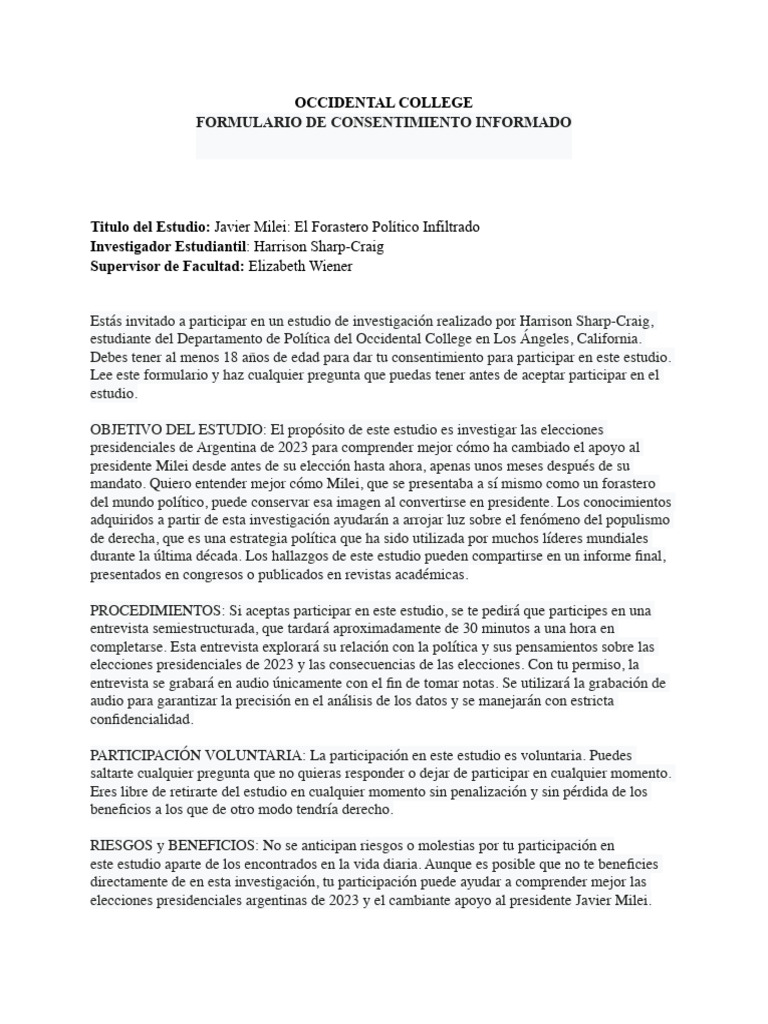 Sharp-Craig, Harrison - Informed Consent Form - Spanish.2 | PDF
