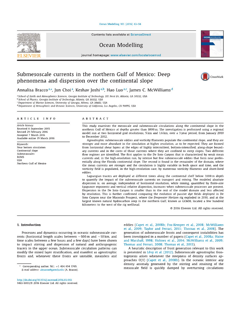 Bracco - 2016 - Submesoscale Currents in The Northern Gulf of Mexi | PDF