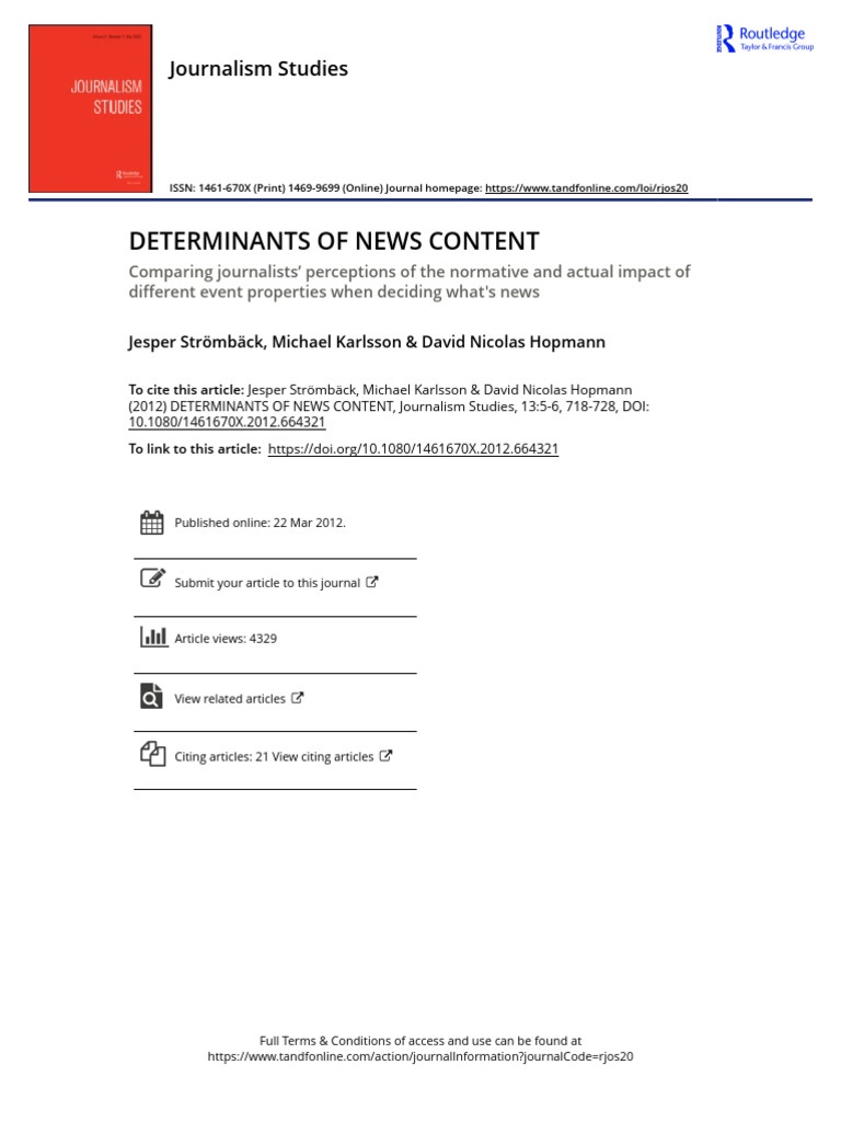 Stromback 2012 Determinants of News Content | PDF | News | Survey ...