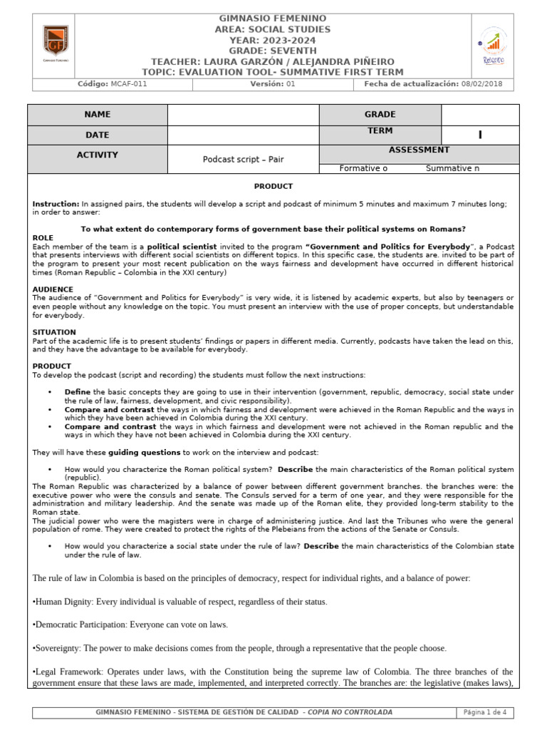 7º - Assessment Tool - Summative UNIT I - MYP 23-24 | PDF | Roman ...