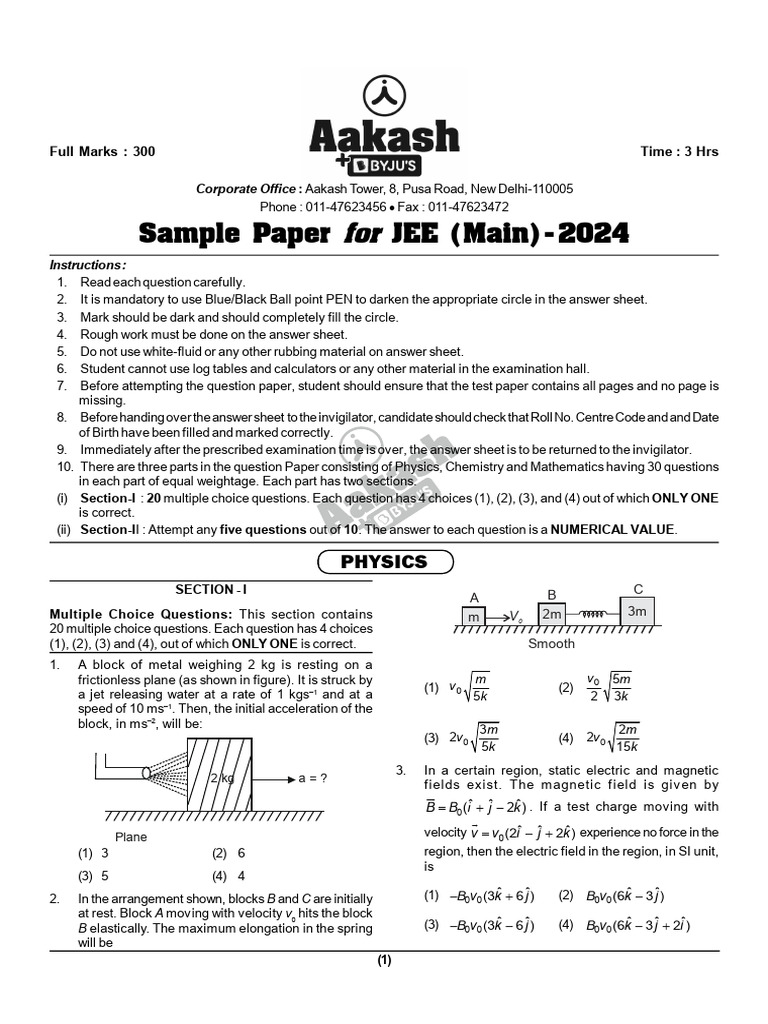 Sample Paper JEE (Main) - 2024 | PDF | Refractive Index | Mirror