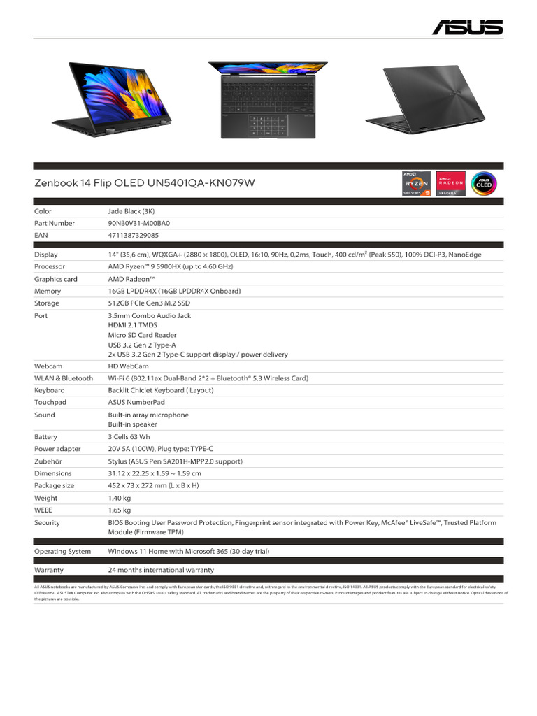 Zenbook 14 Flip OLED Specifications | PDF | Laptop | Computing