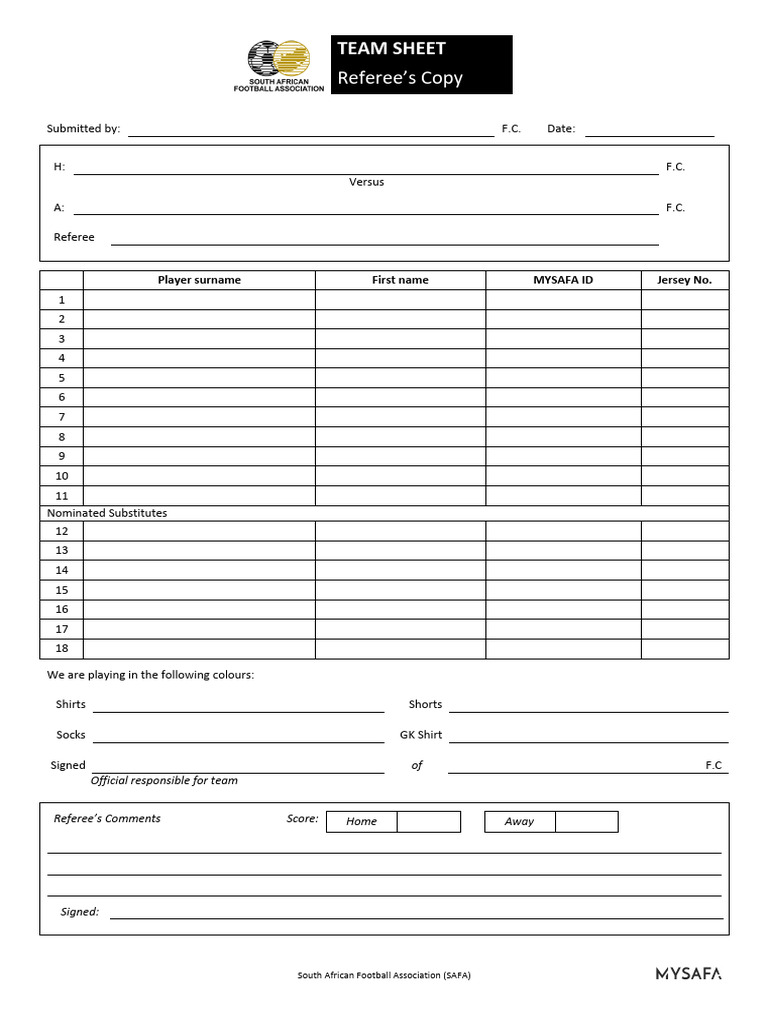 SAFA Team Sheet Submission Template | PDF