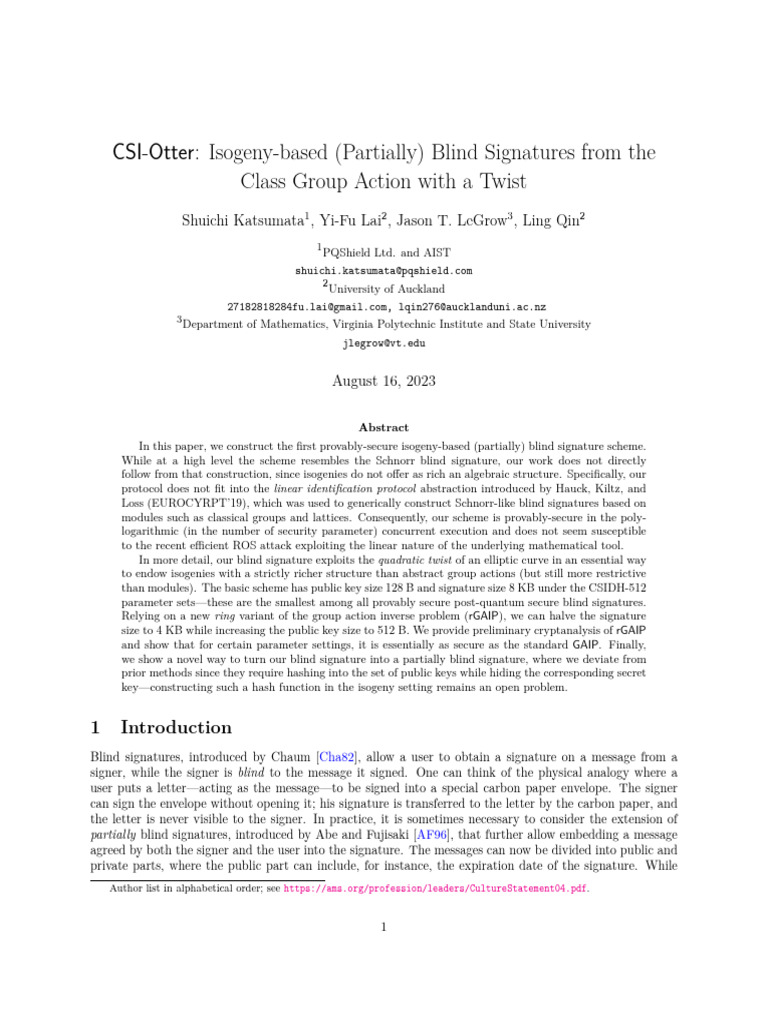 CSI-Otter: Isogeny-Based (Partially) Blind Signatures From The Class Group Action With A Twist ...
