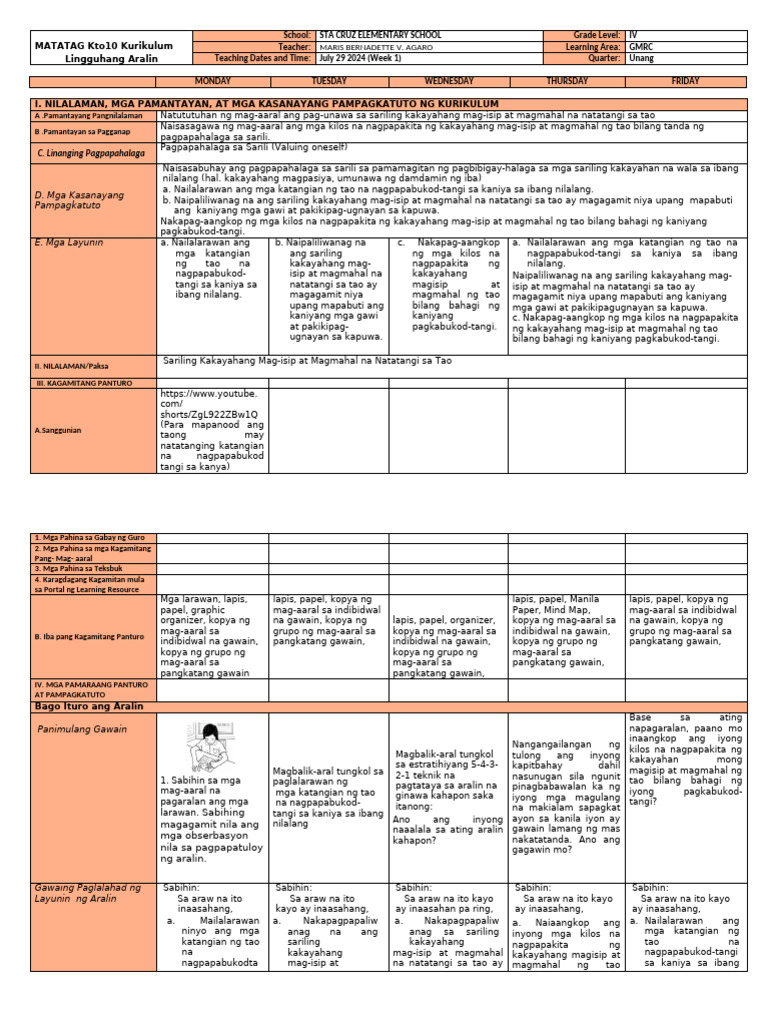 Lesson Eximplar _gmrc 4_q1_w1 Matatag Elmer 2024 | PDF