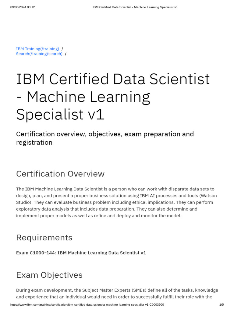 IBM Certified Data Scientist - Machine Learning Specialist v1 | PDF | Machine Learning ...