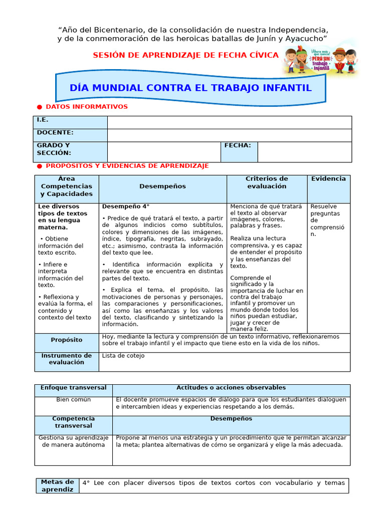 4° Ses Fecha Civica Día Mundial Contra El Trabajo Infantil - Yessenia ...