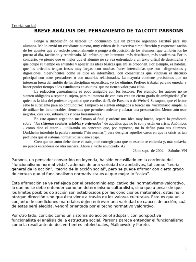 Talcott Parsons Profe Argentino | PDF | Sociología | Realidad