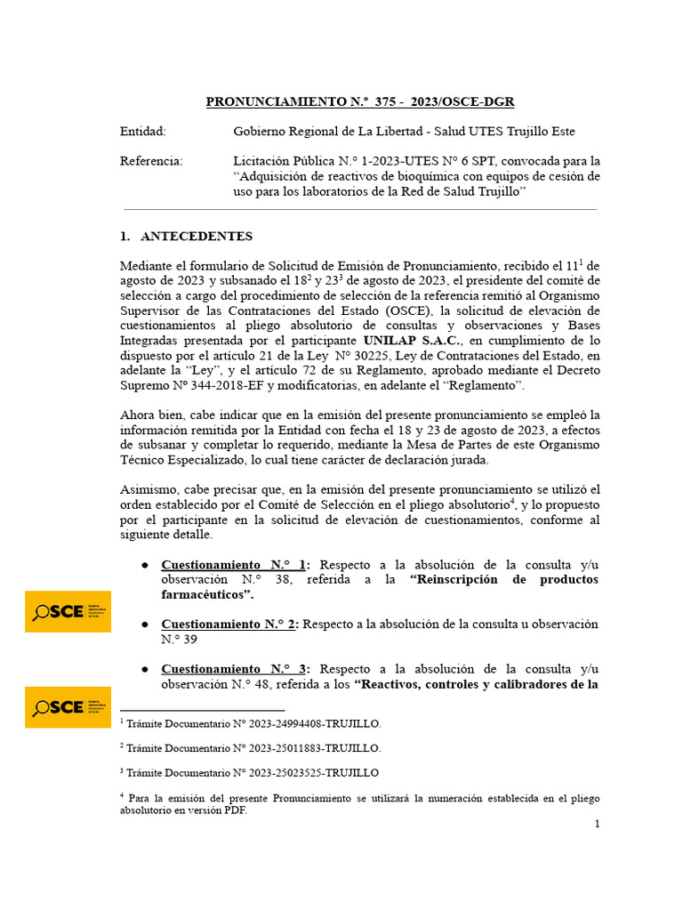 Pronunciamiento #375-2023-OSCE-DGR | PDF | Regulación | Dispositivo médico
