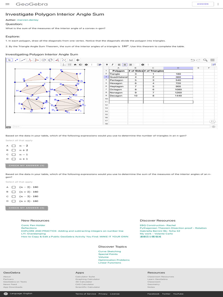 Investigate Polygon Interior Angle Sum - GeoGebra | PDF | Triangle ...