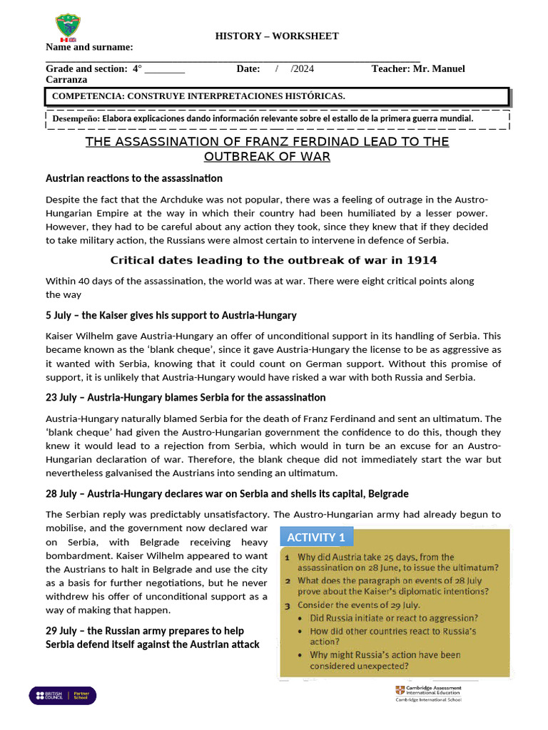 The Assassination of Franz Ferdinad Lead To The Outreak of War | PDF ...
