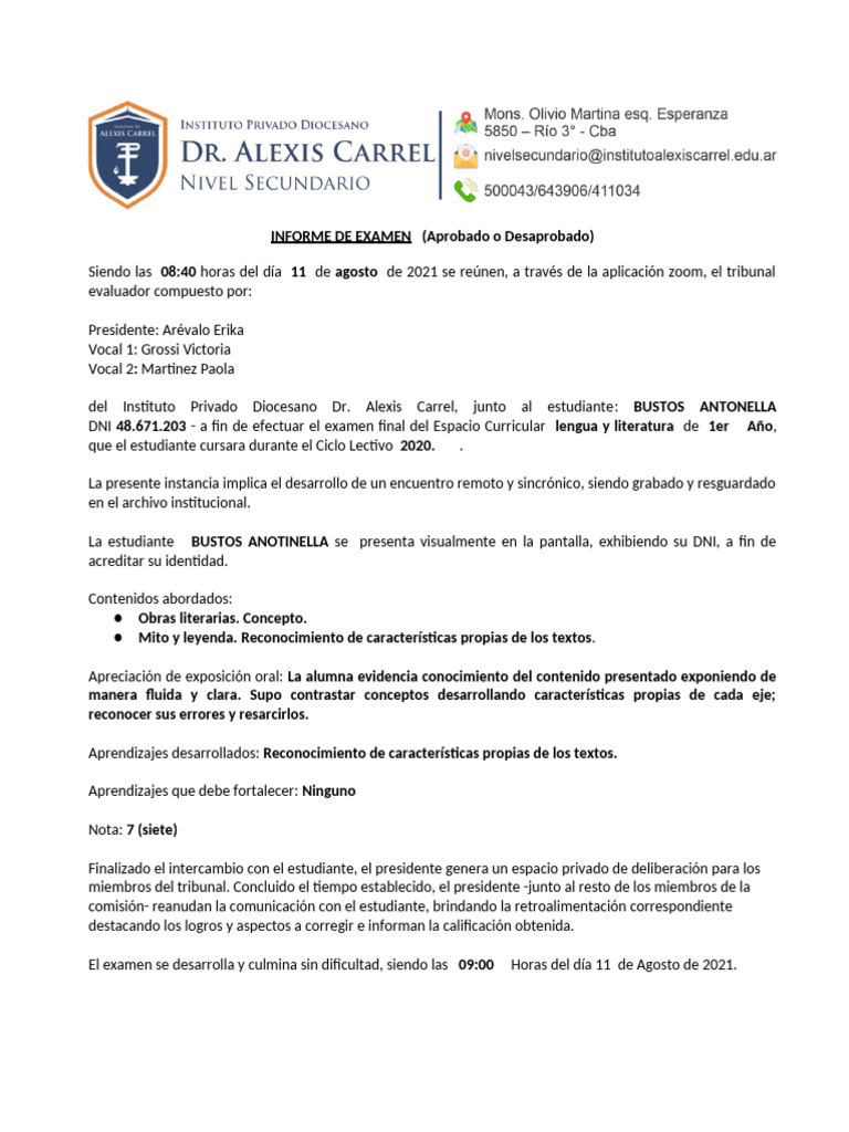 INFORME DE EXAMEN - Aprobado-Desaprobado BUSTOS | PDF