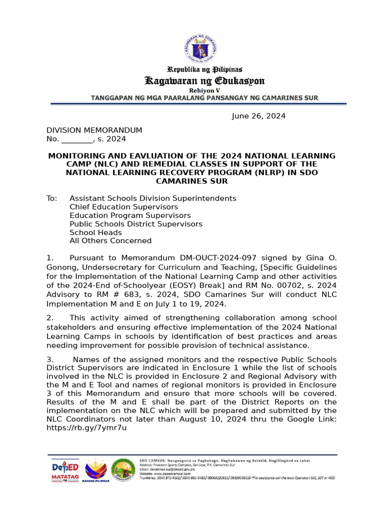 Division Memo On NLC Implementation | PDF | Analysis | Business
