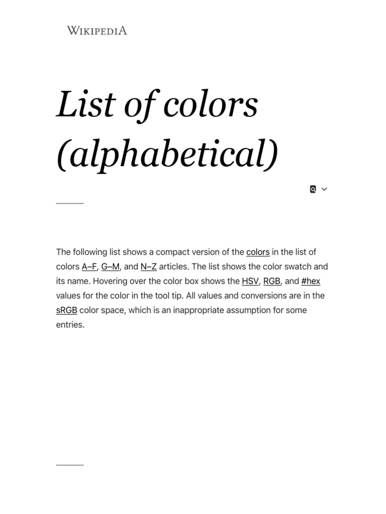 List of Colors (Alphabetical) - Wikipedia | PDF | Graphic Design | Vision