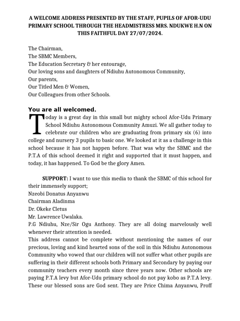 A Welcome Address Presented by The Staf1 | PDF