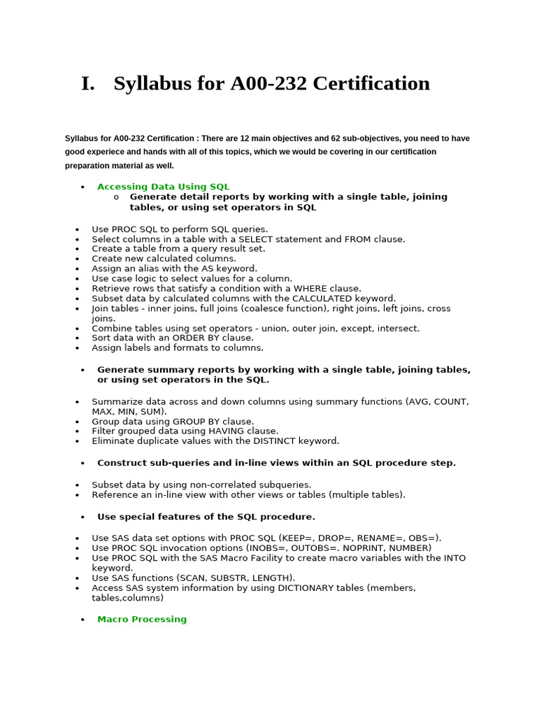 A00-232 SAS Certification Syllabus Guide | PDF | Sas (Software) | Macro ...