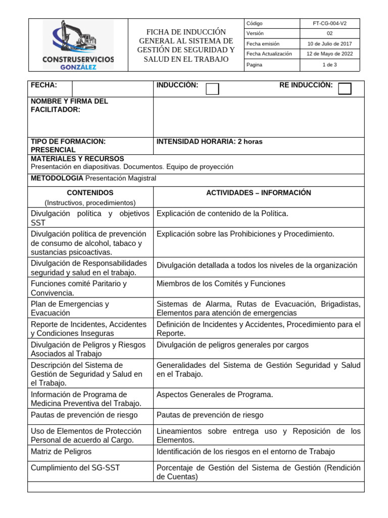 Ficha Induccion - Reinduccion SG-SST | PDF
