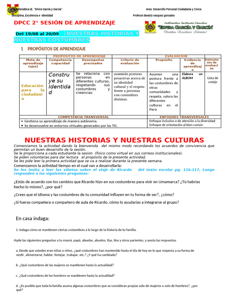 Nuestras Culturas DPCC Segundo | PDF | Aprendizaje | Evaluación