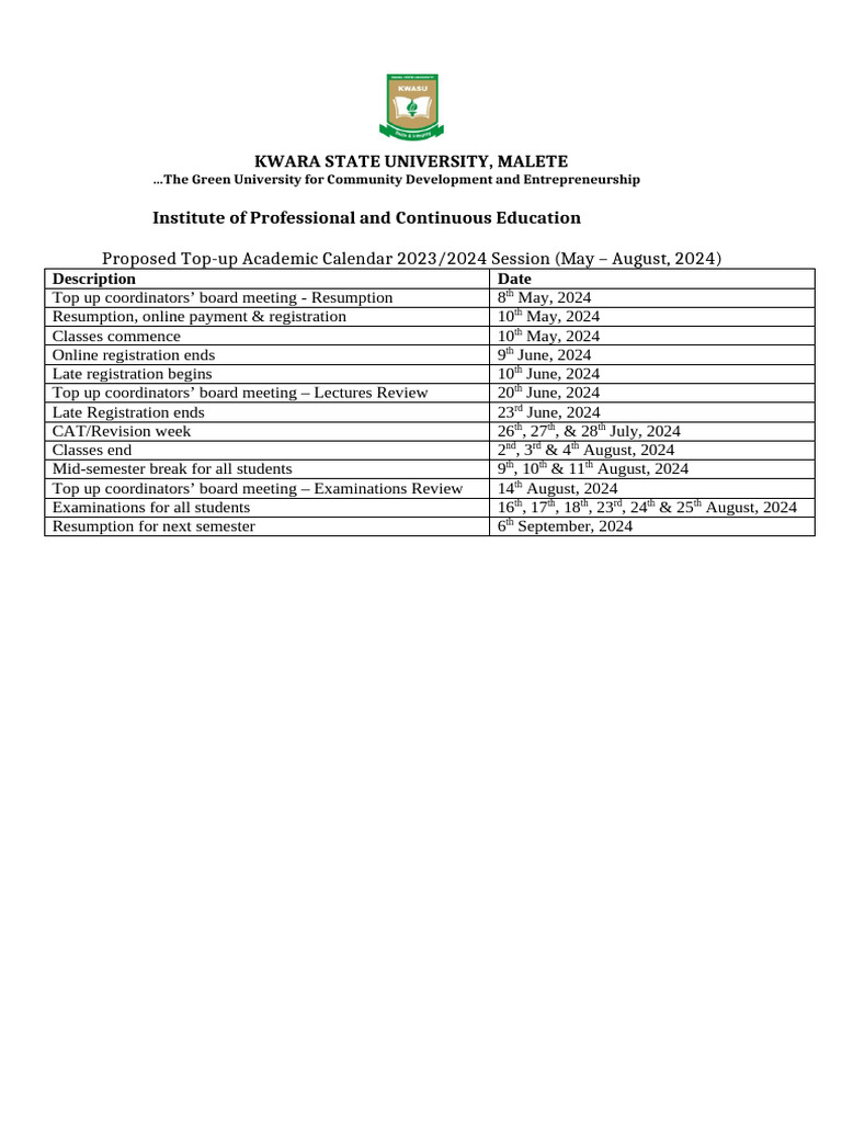KWASU Top-up Academic Calendar 2024 | PDF