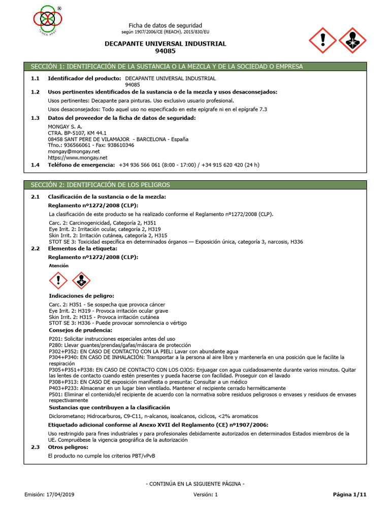 Ficha de Seguridad: Decapante Industrial | PDF | Toxicidad | Toxicología