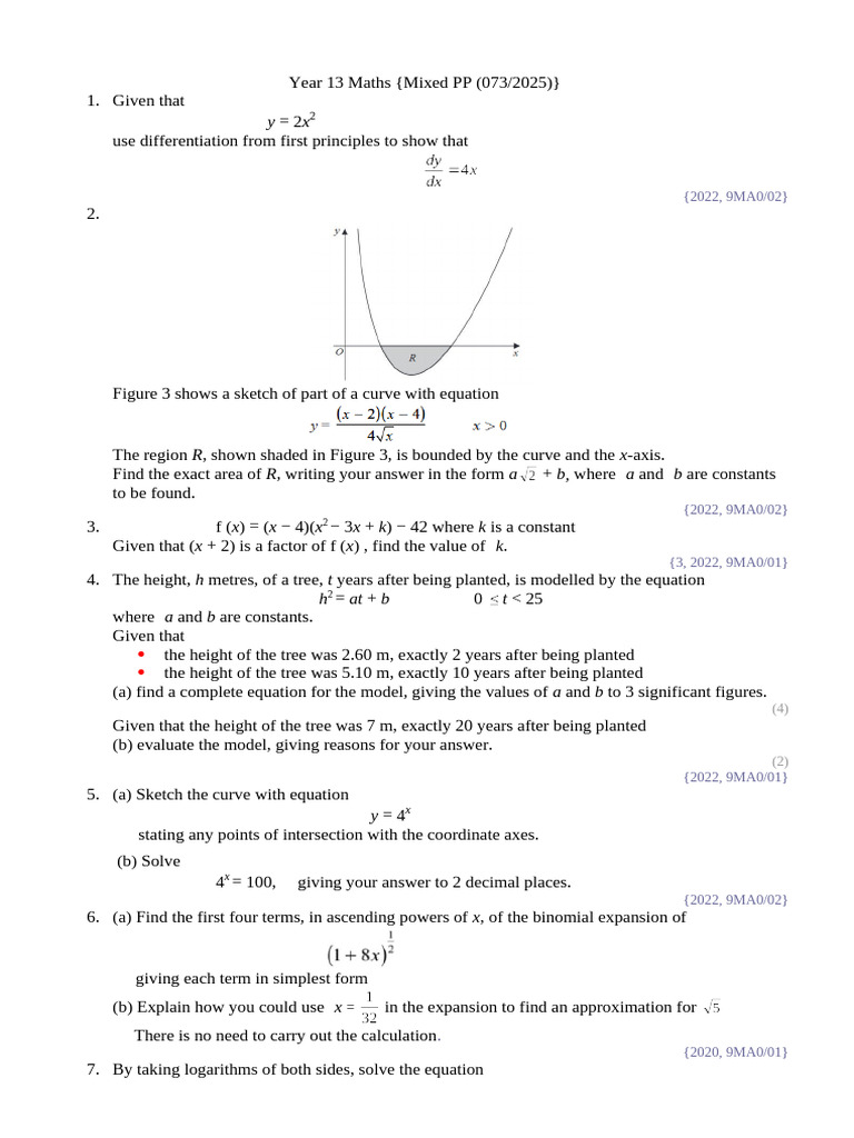 Y13 Mixed 073 2025 | PDF | Calculus | Mathematics