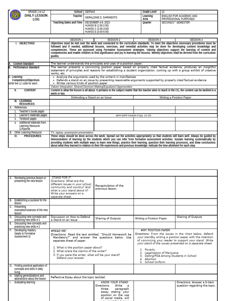 EAPP DLL Q2 WEEK4 Nov20 24 | PDF | Learning | Curriculum
