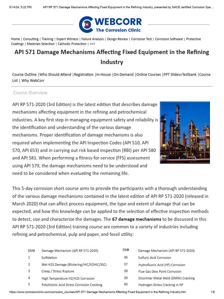 API 571 Damage Mechanisms Course | PDF | Corrosion | Oil Refinery