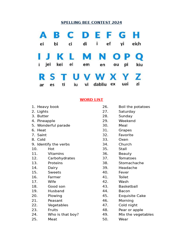 Spelling Bee Contest 2024 | PDF | Vegetables | Foods