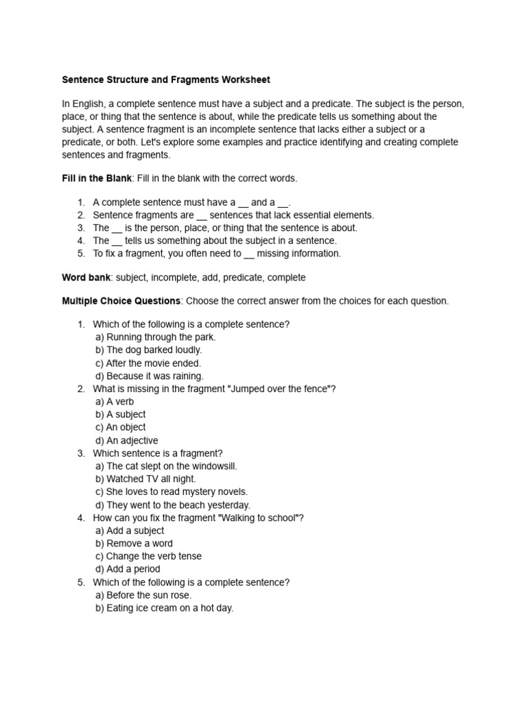 Sentence Structure and Fragments Worksheet | PDF | Subject (Grammar) | Verb