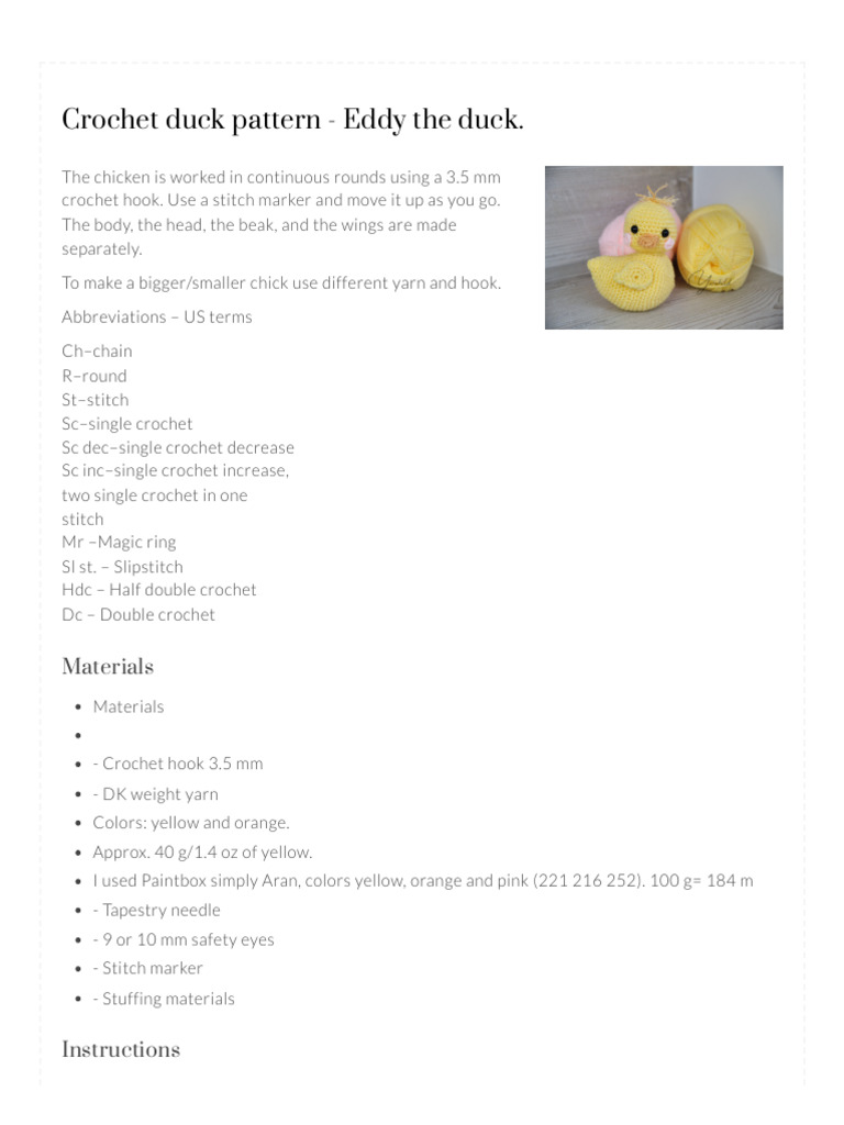Eddy the Duck Crochet Pattern Guide | PDF | Crochet | Weaving