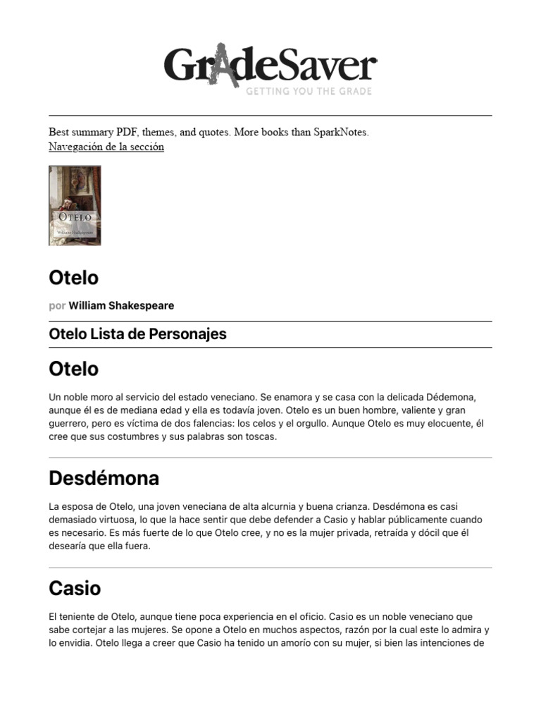 Otelo Personajes - GradeSaver | PDF | OTELO | Tragedias de Shakespeare