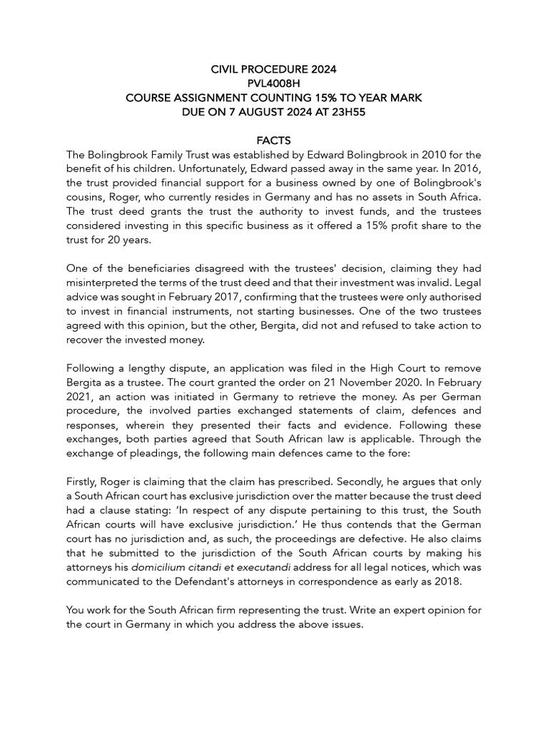 Civil Procedure Assignment 2024 | PDF | Trustee | Justice